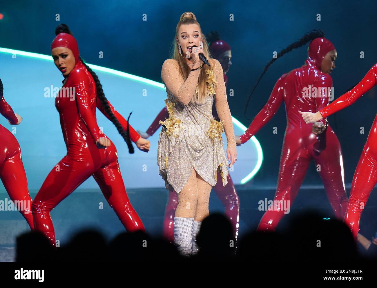 Becky Hill performing during the Brit Awards 2023 at the O2 Arena ...