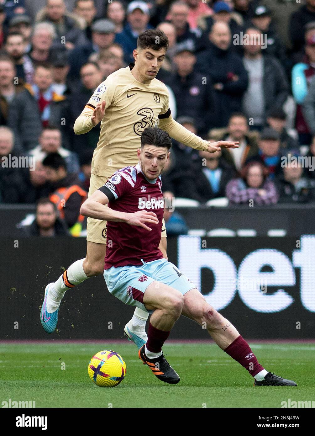 London, UK. 11th Feb, 2023. Declan Rice (C) of West Ham and Kai Havertz ...