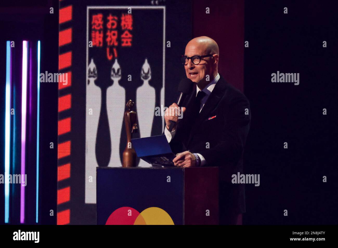 Stanley Tucci on stage at the Brit Awards 2023 in London, Saturday, Feb ...