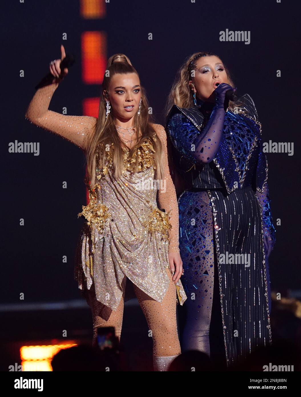 Becky Hill and Ella Henderson performing during the Brit Awards 2023 at ...