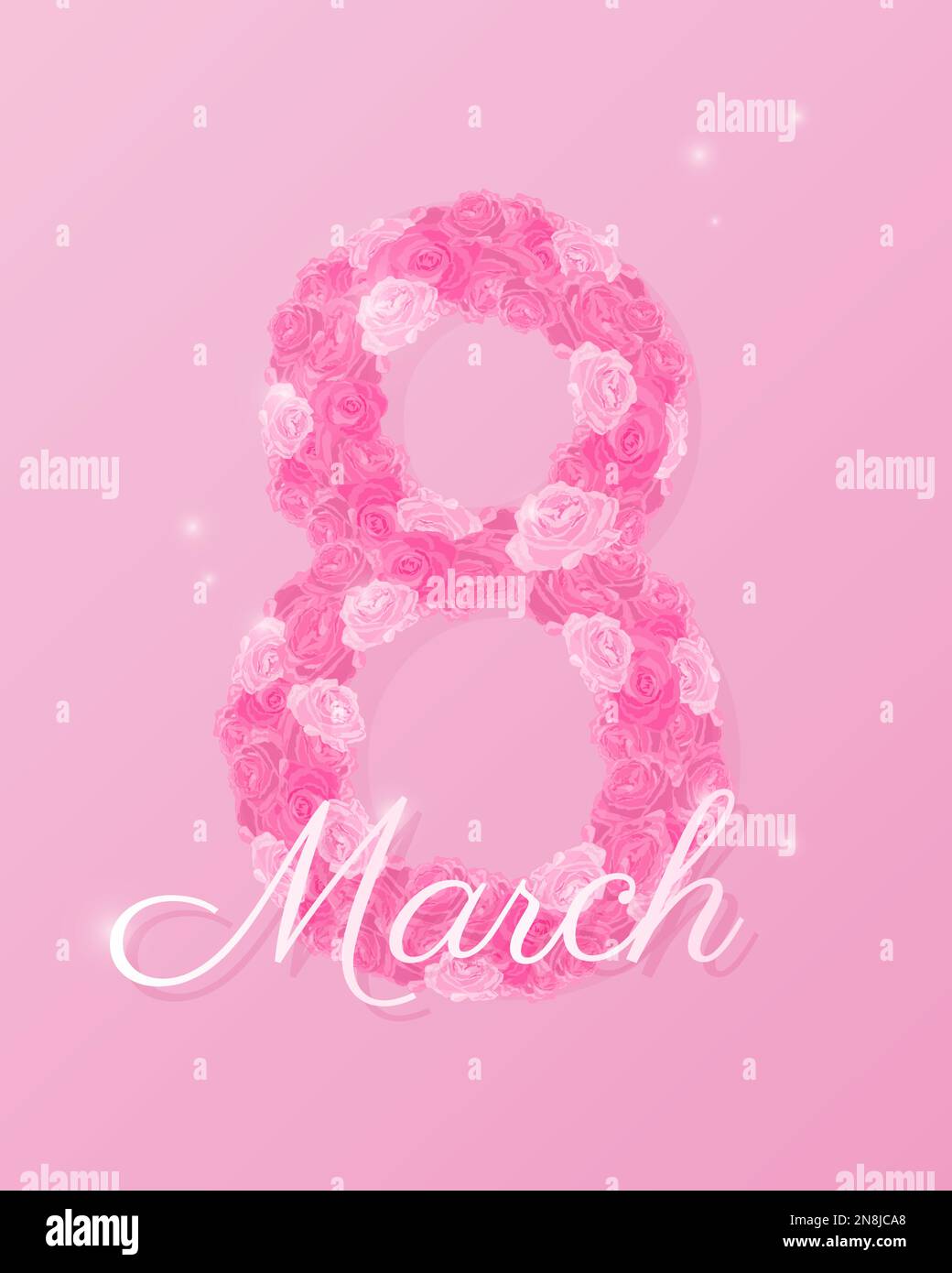March 8 symbol with roses. International Women's day pink background ...