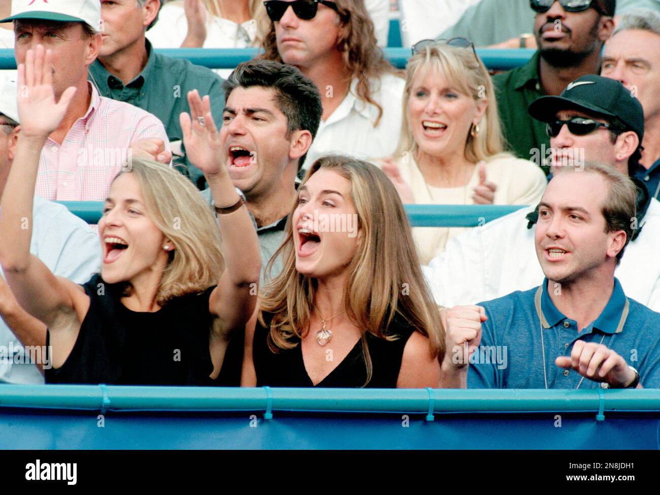 Actress/model Brooke Shields reacts while watching the U.S. Open tennis ...