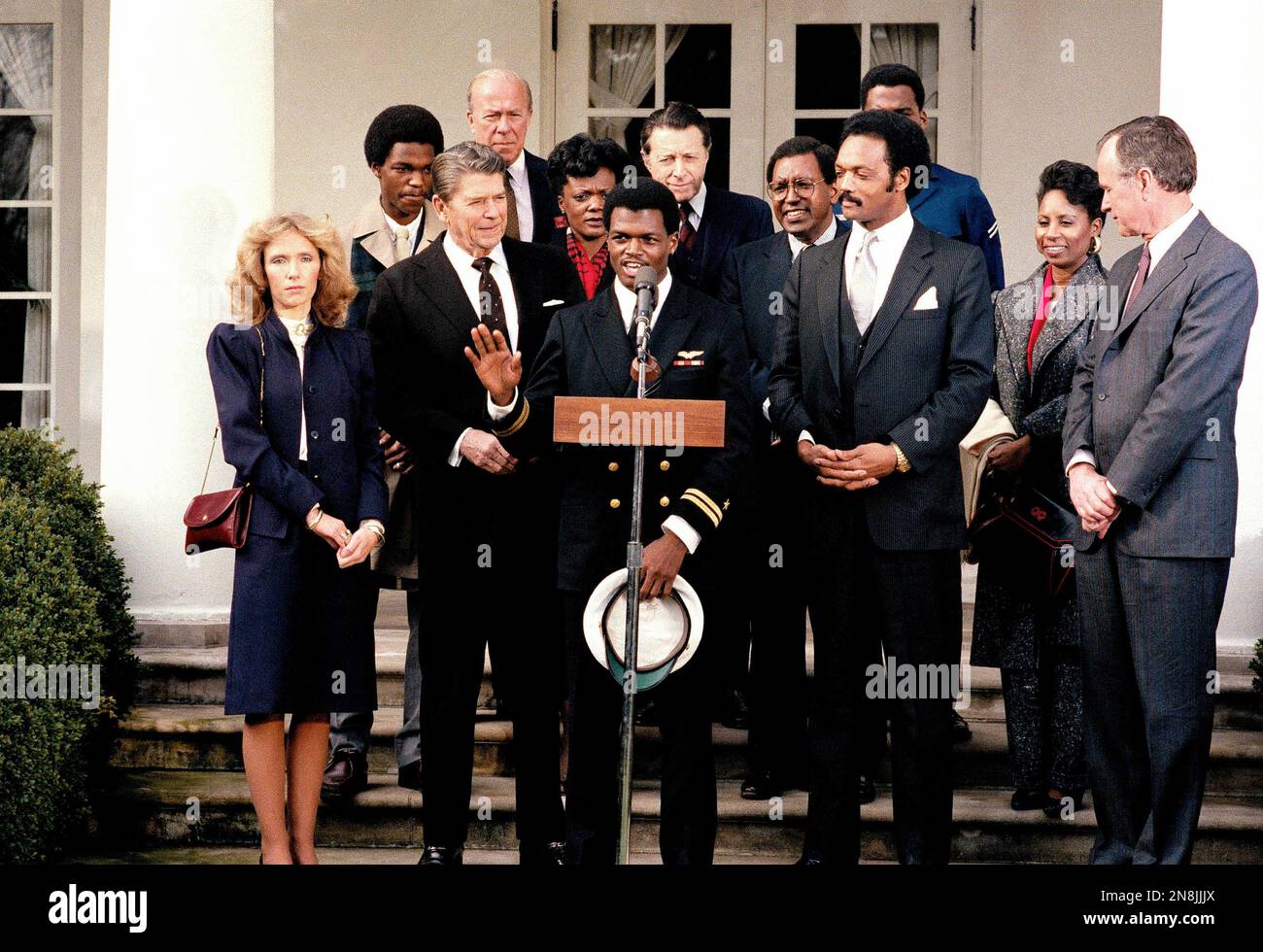 Navy Lt. Robert Goodman gestures while addressing a White House Rose ...