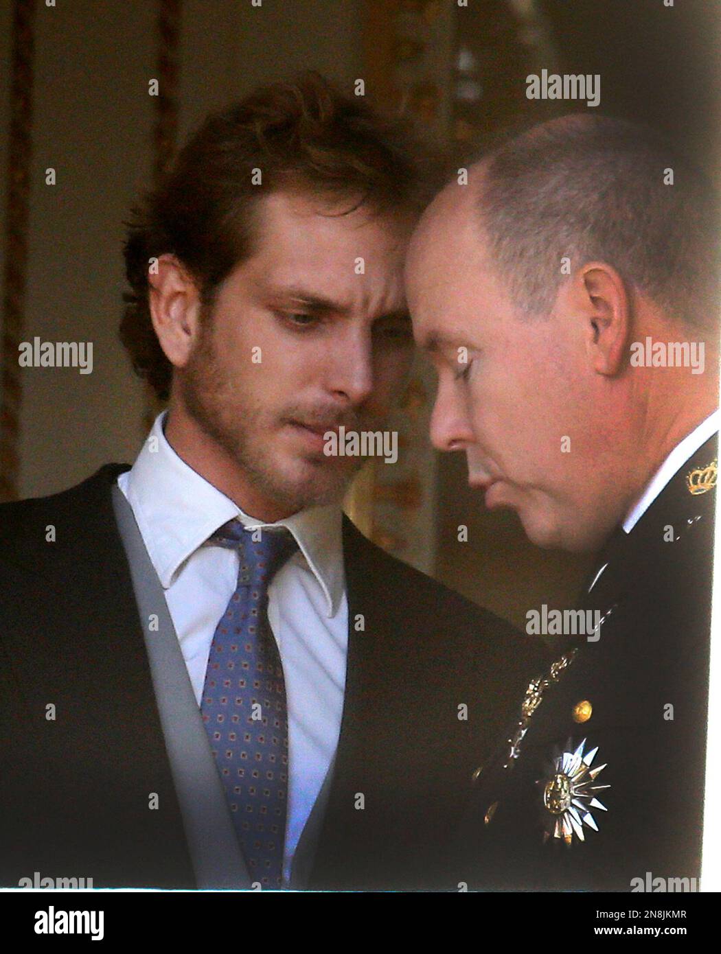 Prince Albert II of Monaco, right, speaks with nephew Andrea Casiraghi ...