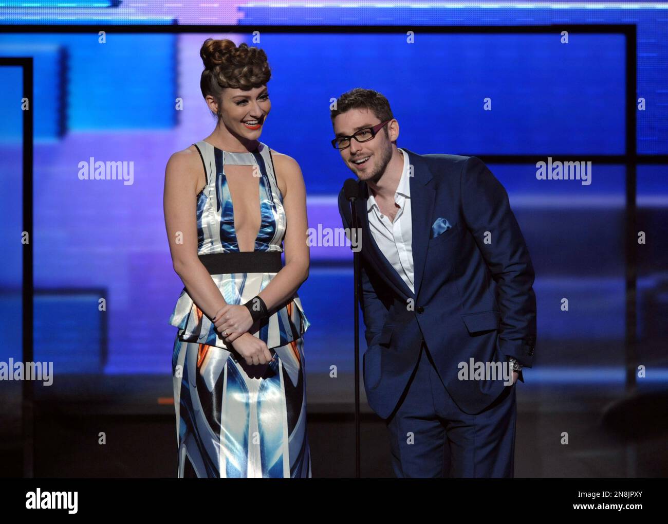Amy Heidemann, left, and Nick Noonan from the band Karmin introduce No ...