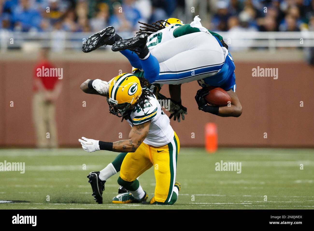 Green Bay Packers free safety Morgan Burnett (42) upends Detroit Lions ...
