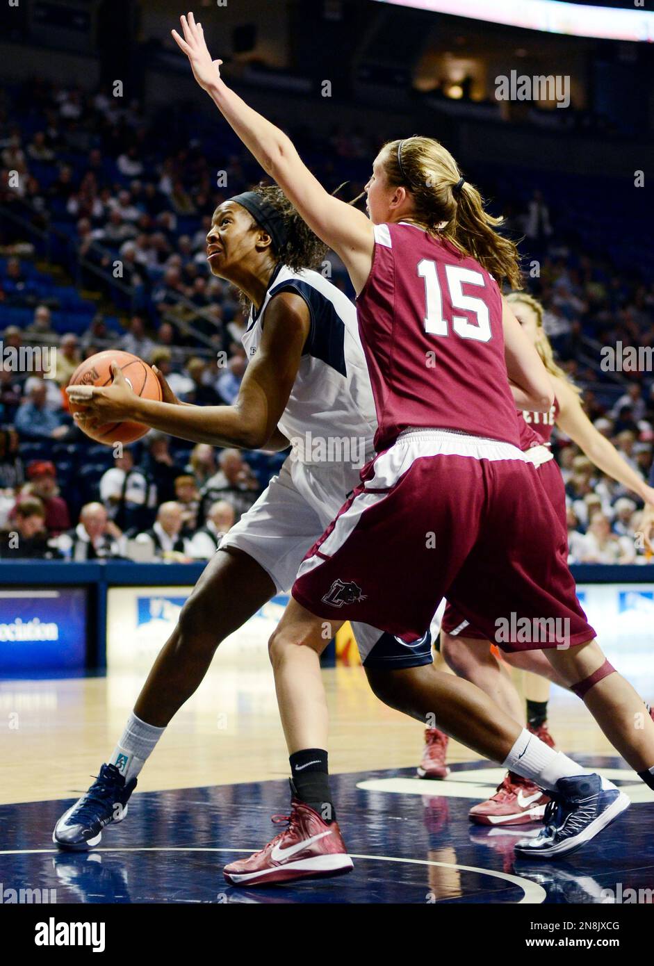 Penn State's Candice Agee (1) looks to the basket around Lafayette's ...