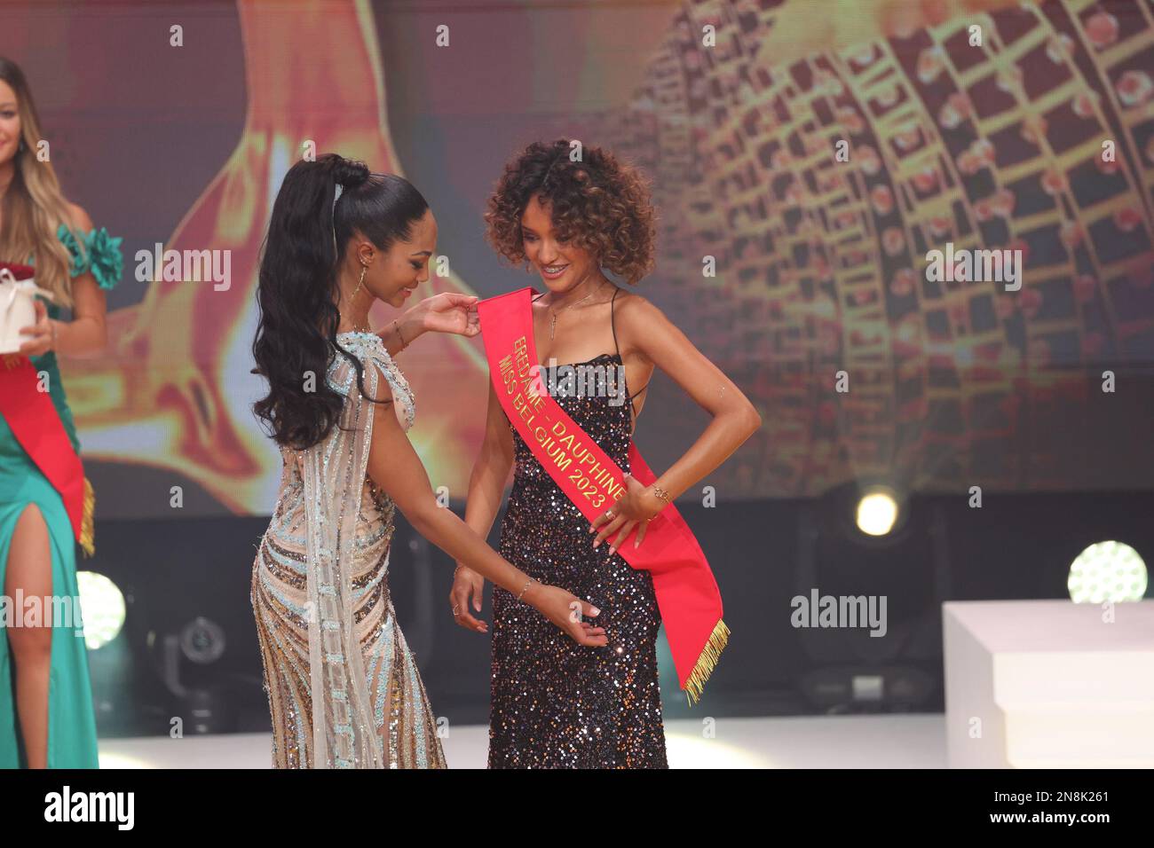 Miss Belgium 2021 Kedist Deltour and fourth runner up Haifa Salem Ali pictured during the Miss ...