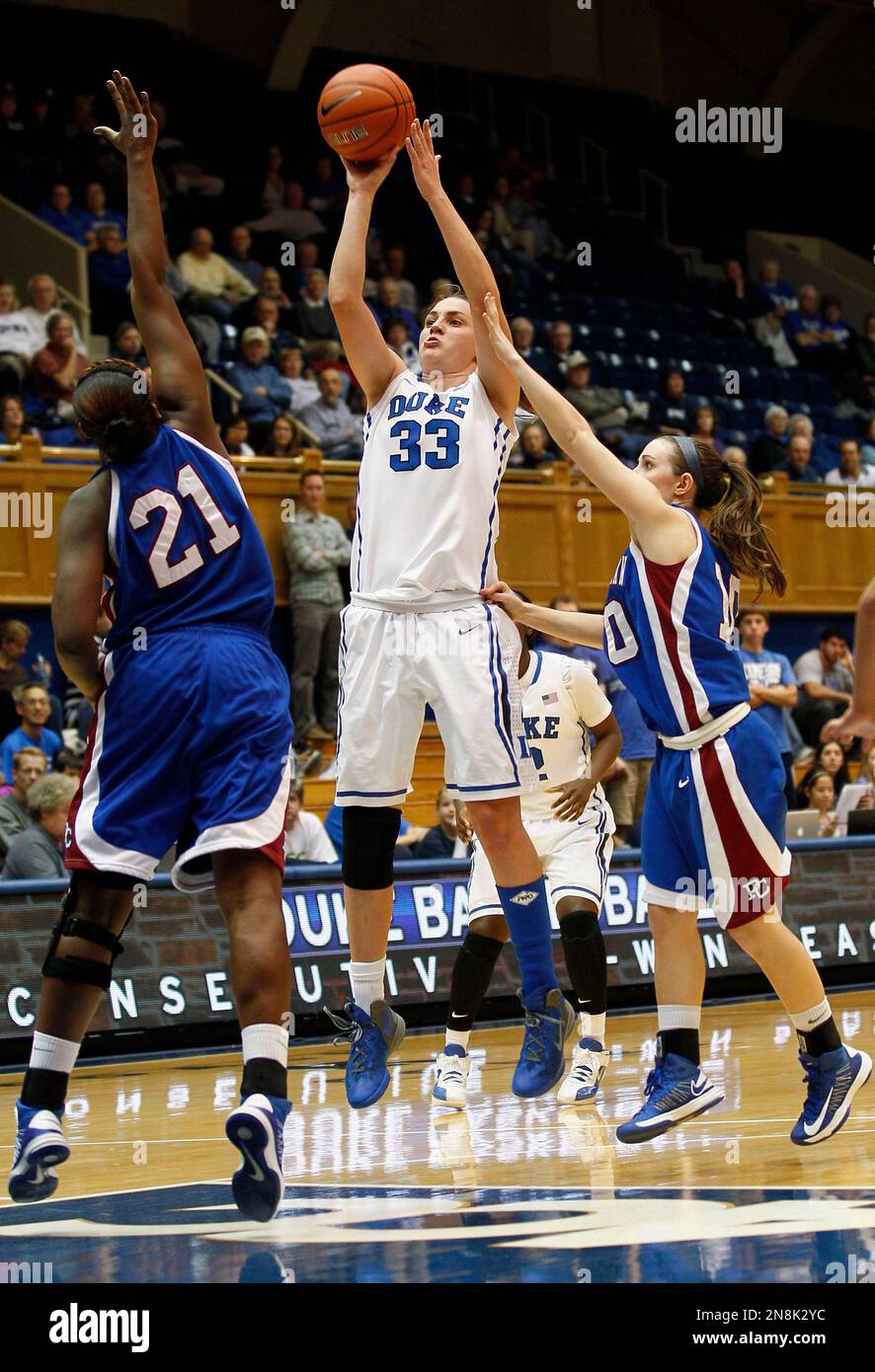 Duke's Haley Peters (33) shoots as Presbyterian's Keyonna Allen (21 ...