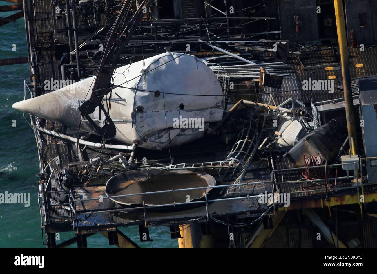This aerial photograph shows damage from an explosion and fire on an ...