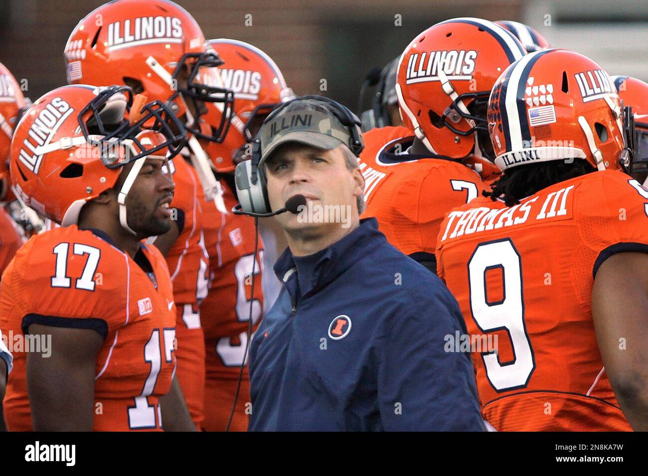 In this Nov. 10, 2012 photo, Illinois head coach Tim Beckman looks at ...