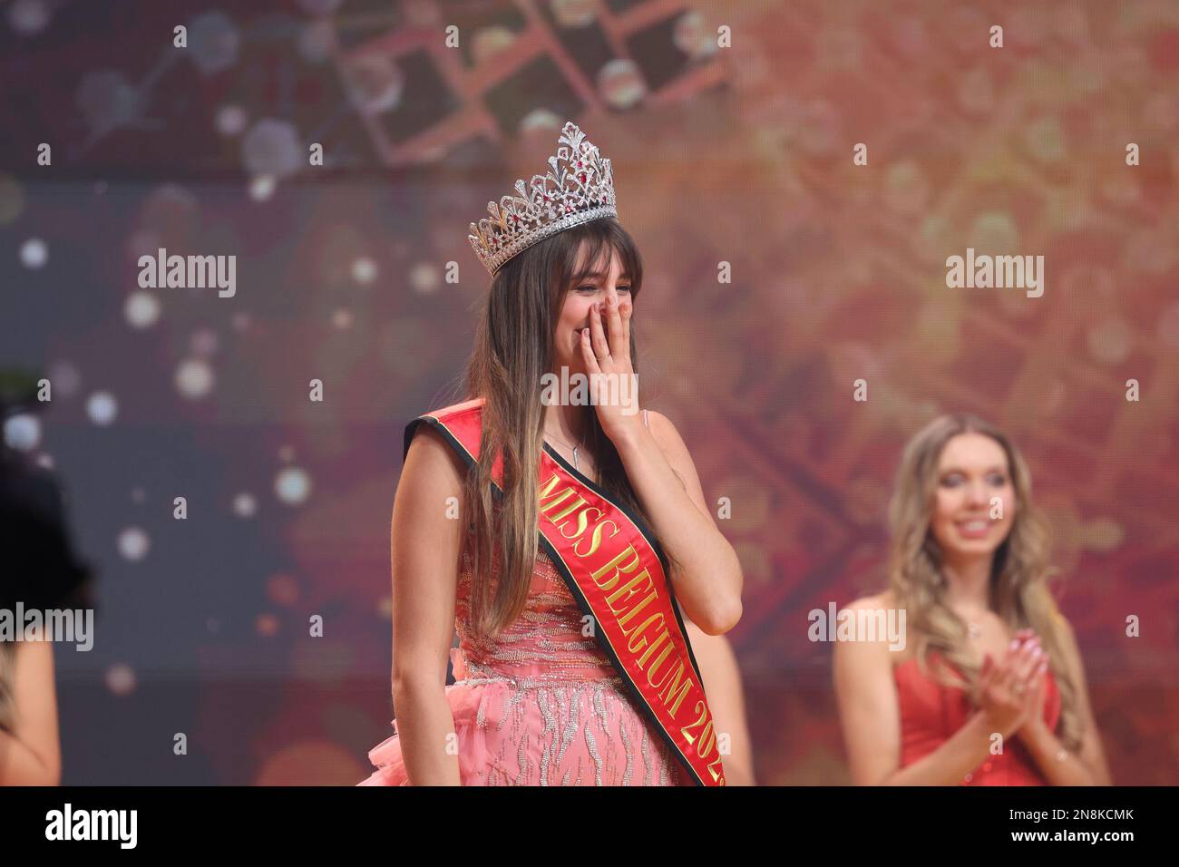 Miss Belgium 2023 Emilie Vansteenkiste reacts during the Miss Belgium ...