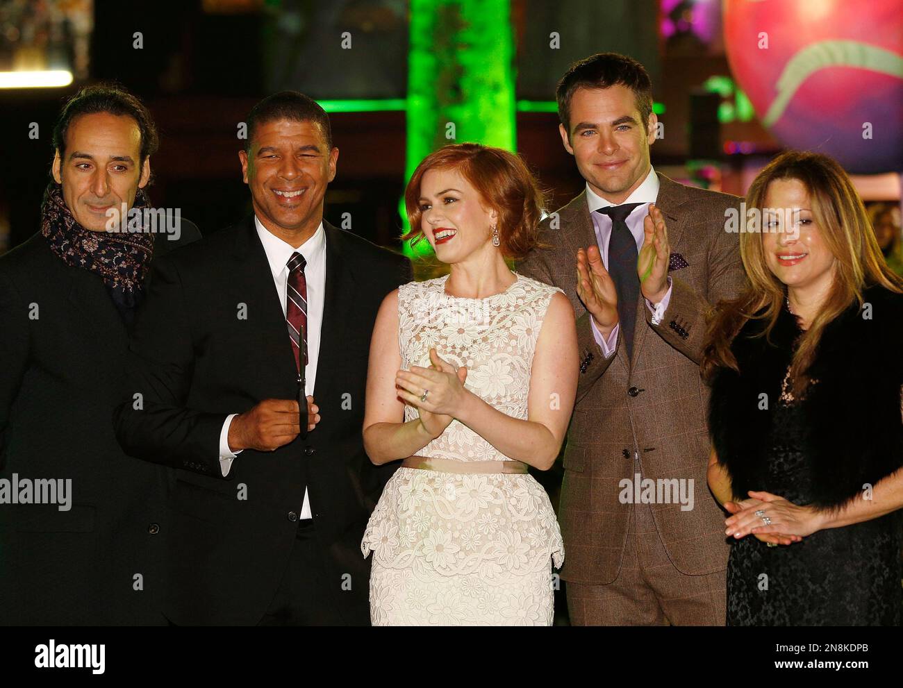 (L-R) Composer Alexandre Desplat, director Peter Ramsey, actress Isla ...