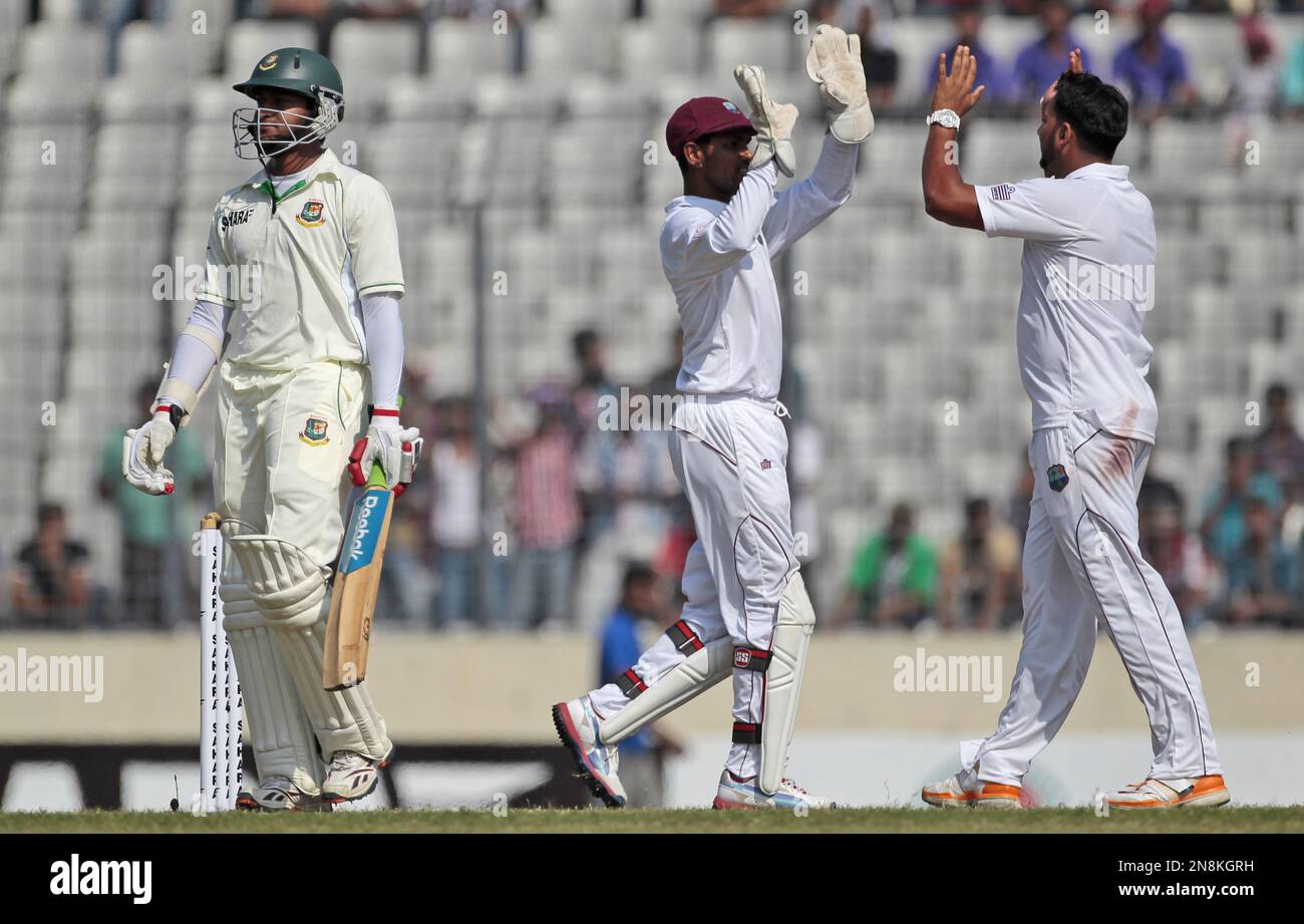 West Indies' Ravi Rampaul, right, and Denesh Ramdin celebrate the ...