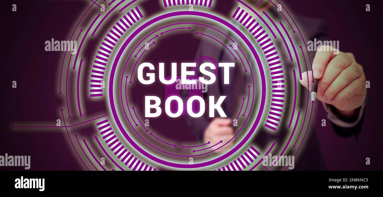 Conceptual caption Guest Book. Business showcase electronic means for a ...