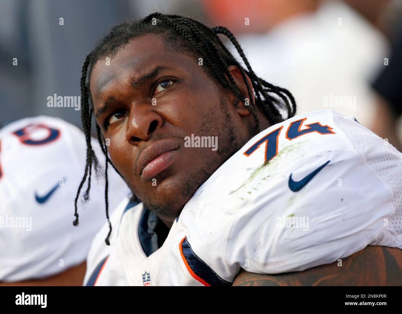 Denver Broncos' Orlando Franklin (74) on the sidelines against the ...