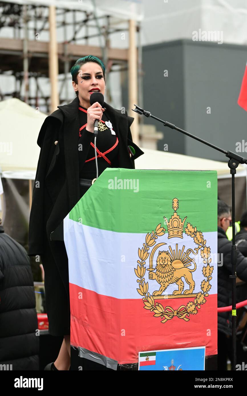 Trafalgar Square, London, UK. 11th February 2023. Speaker Human right ...