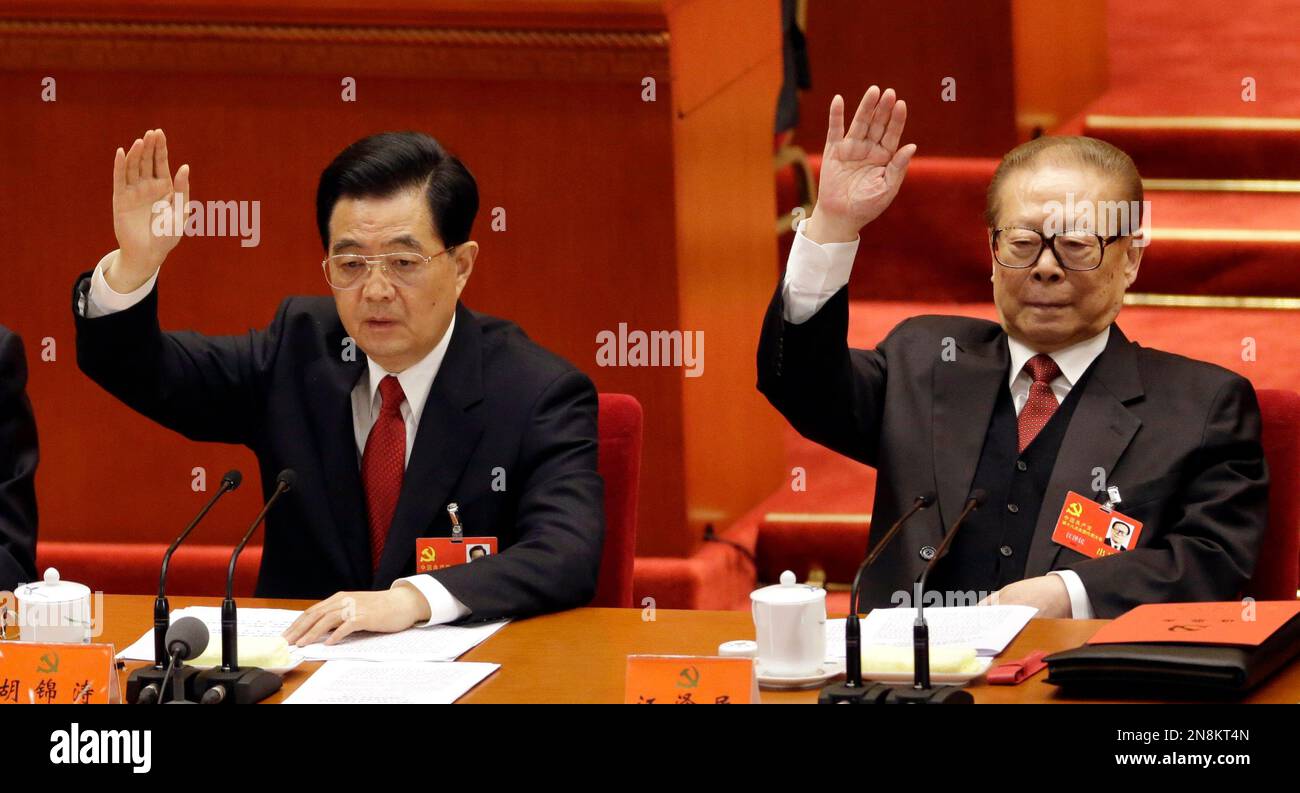 Chinese President Hu Jintao, left, and former Chinese President Jiang ...
