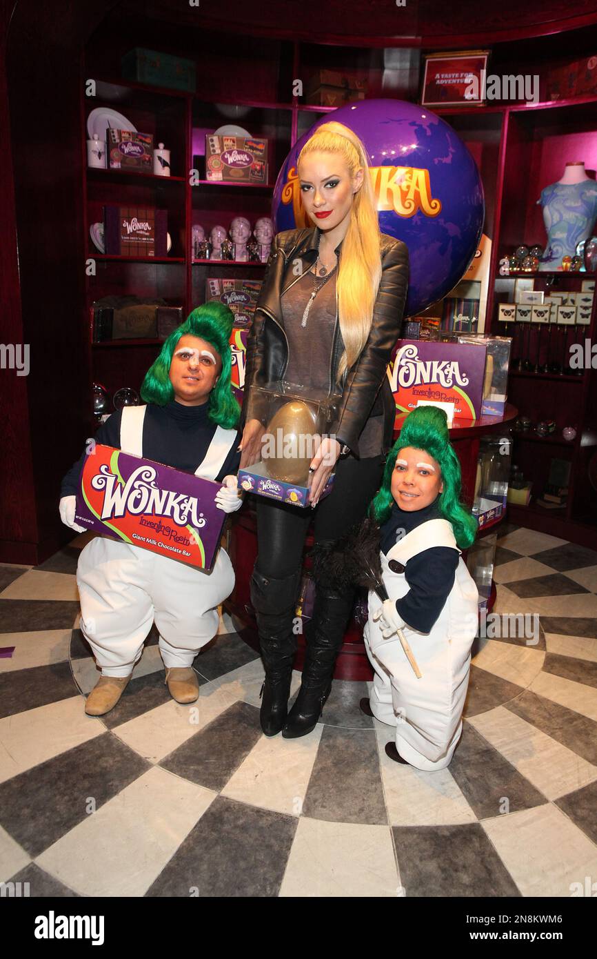 Kaya Jones is seen with Wonka's Oompa Loompas at the new Wonka store at ...