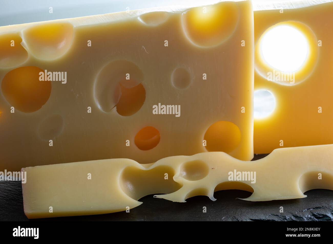 Swiss cheese collection, yellow emmentaler or emmental cheese with ...