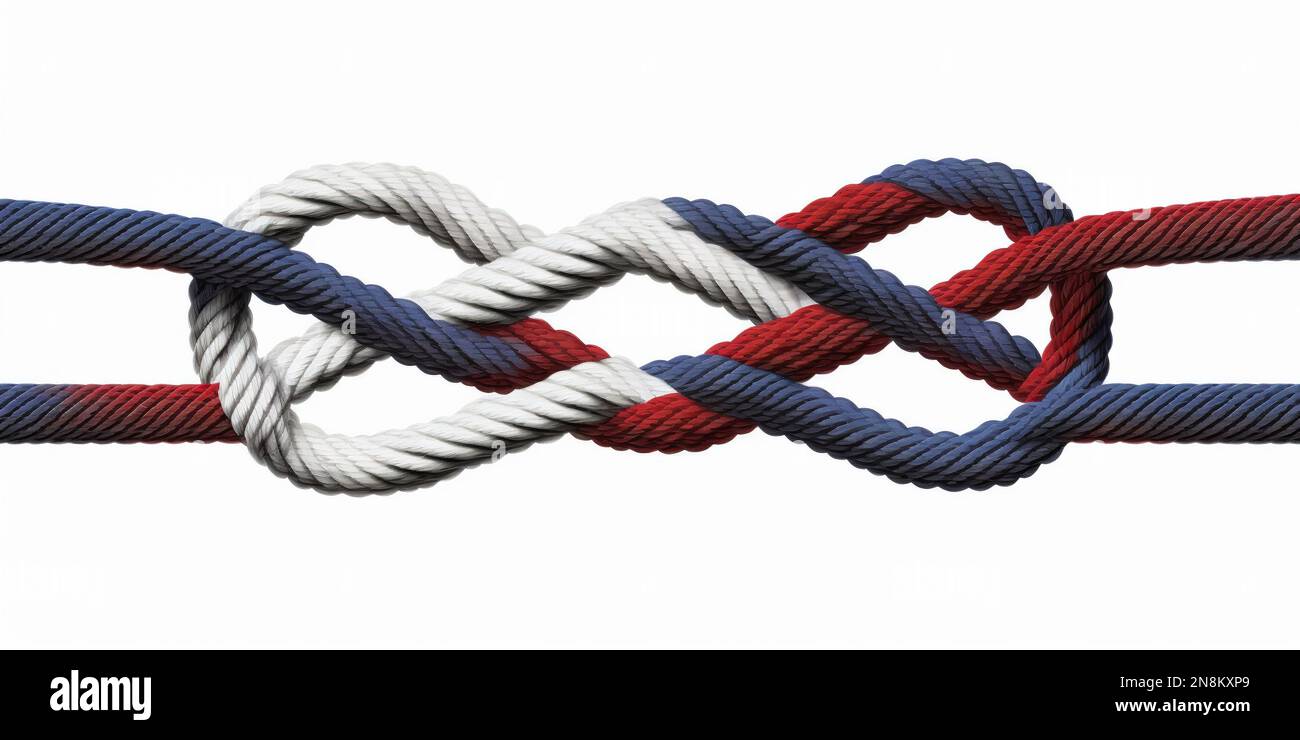 a double knot with colored rope, studio shot isolated on white ...