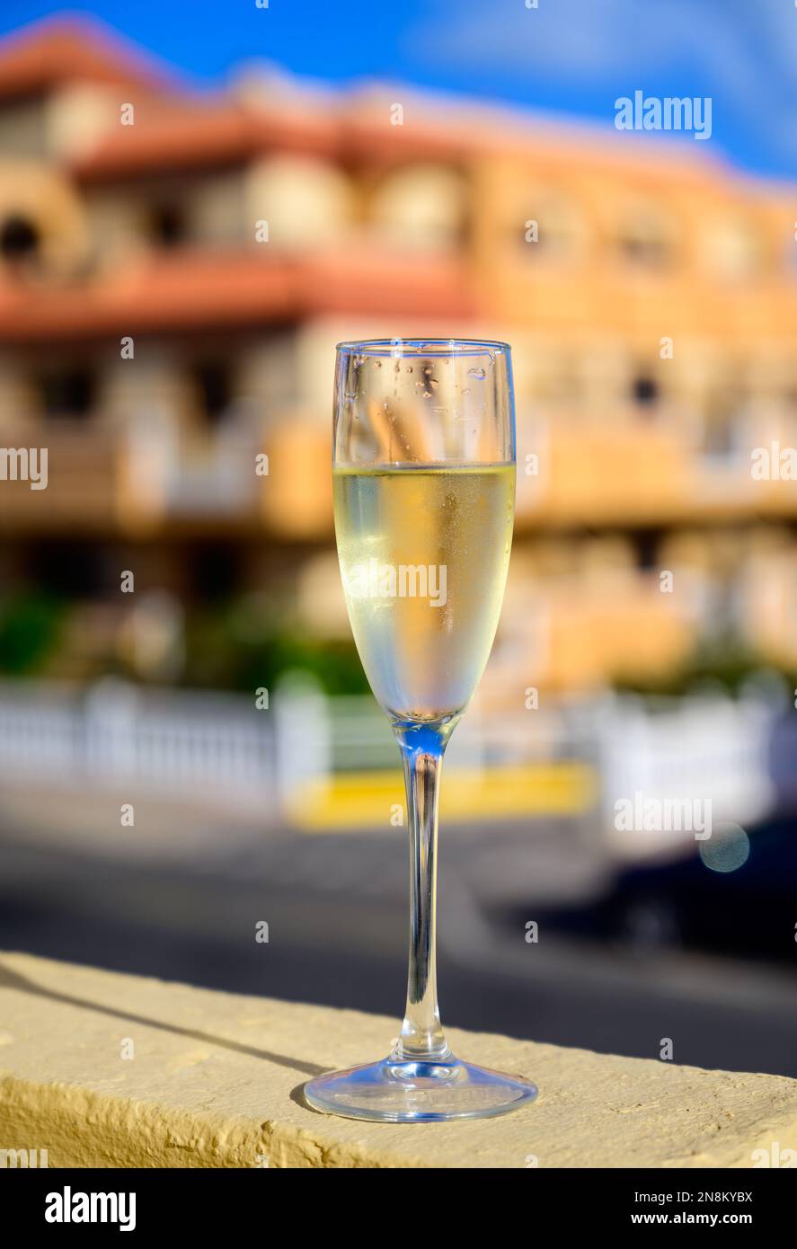 Dinner party, drinking of cava or champagne sparkling wine in vacation ...