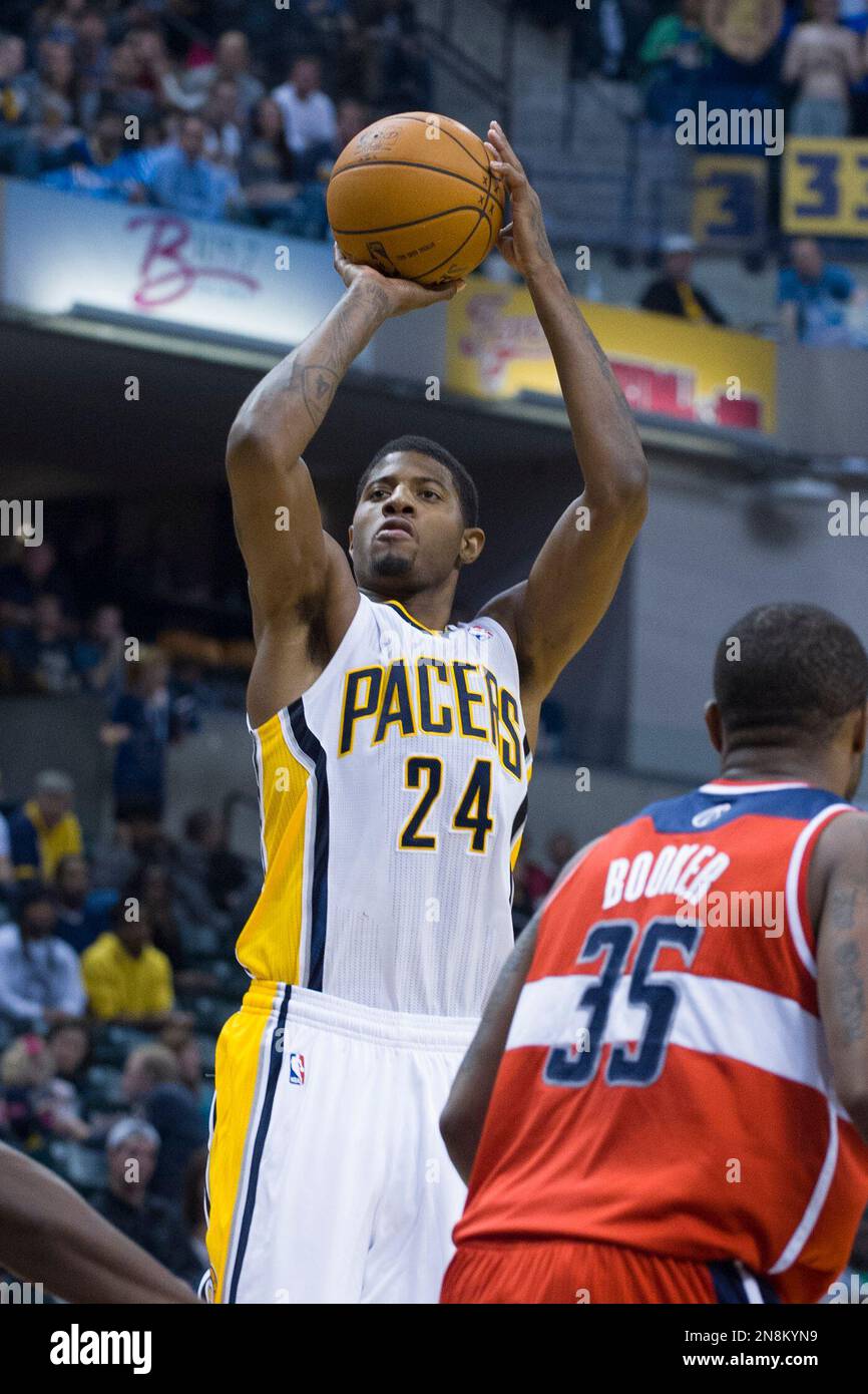 Indiana Pacers small forward Paul George (24) puts up a jump shot ...