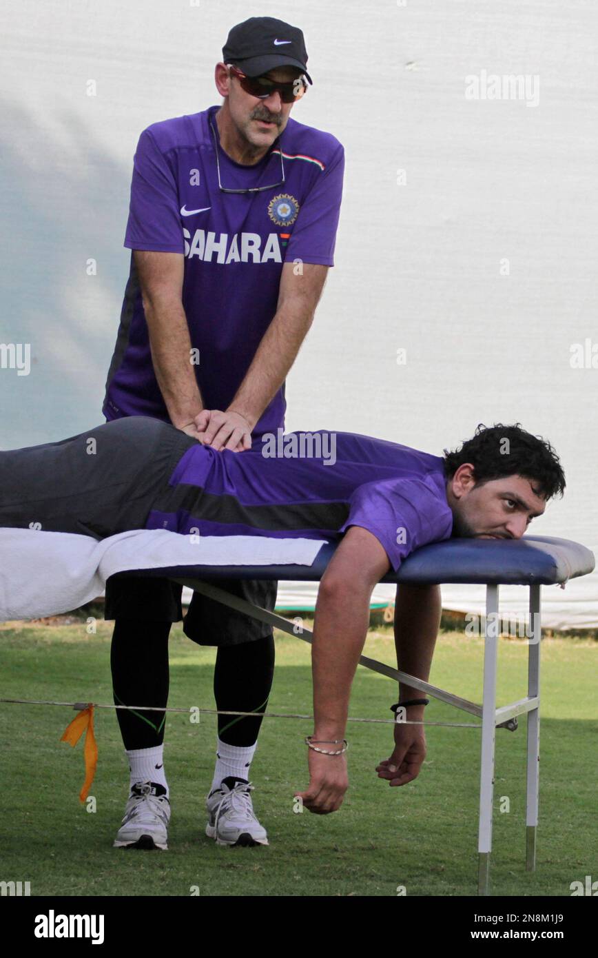 Indian cricket team's physiotherapist attends to cricketer Yuvraj Singh ...
