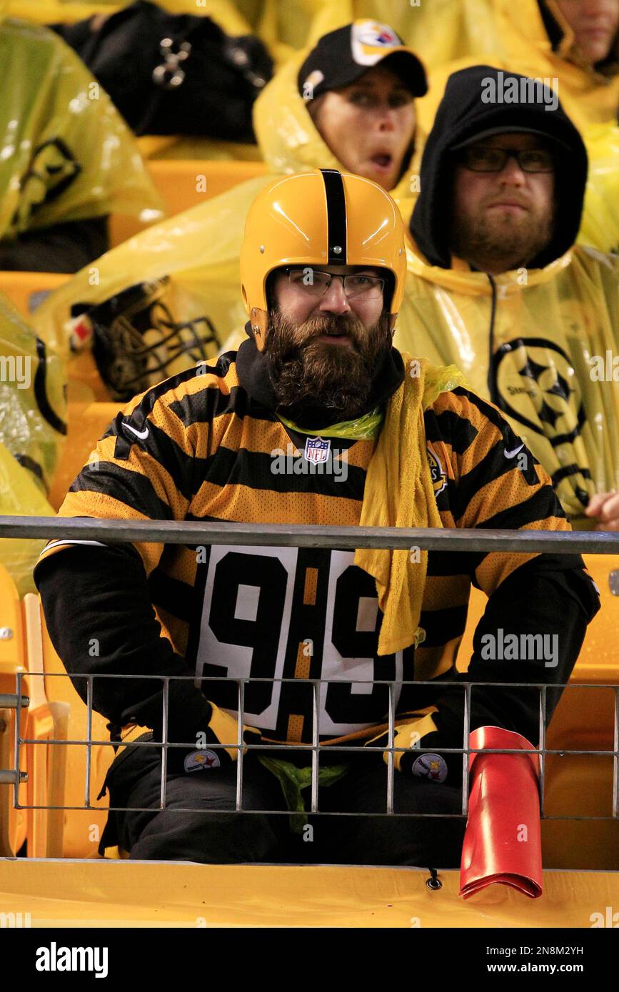 A Pittsburgh Steelers fan sits in a cold rain watching an NFL Monday ...