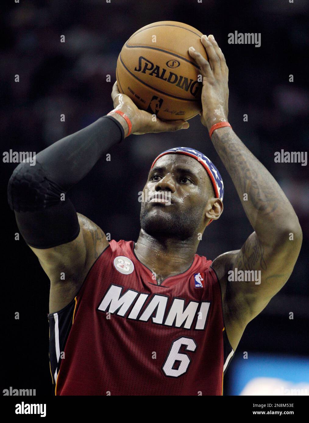Miami Heat forward LeBron James attempts a free-throw during the first ...