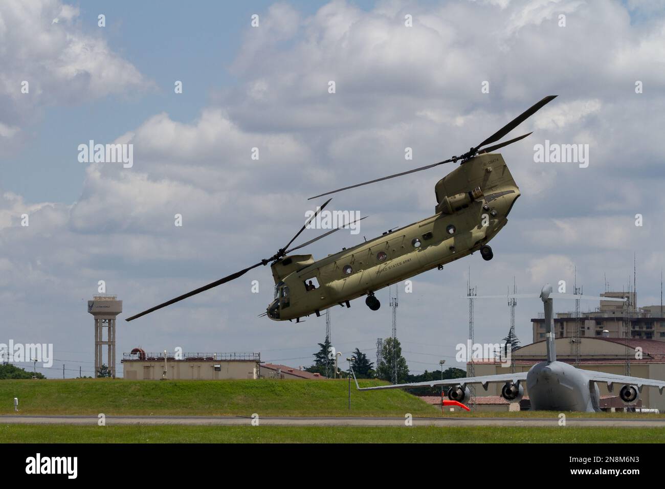 A Boeing CH 47 Chinook helicopter with the United States Army in front ...
