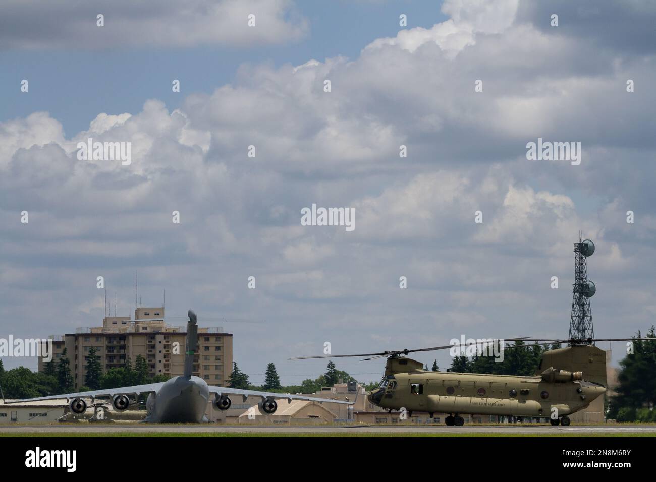 A Boeing CH 47 Chinook helicopter with the United States Army in front ...