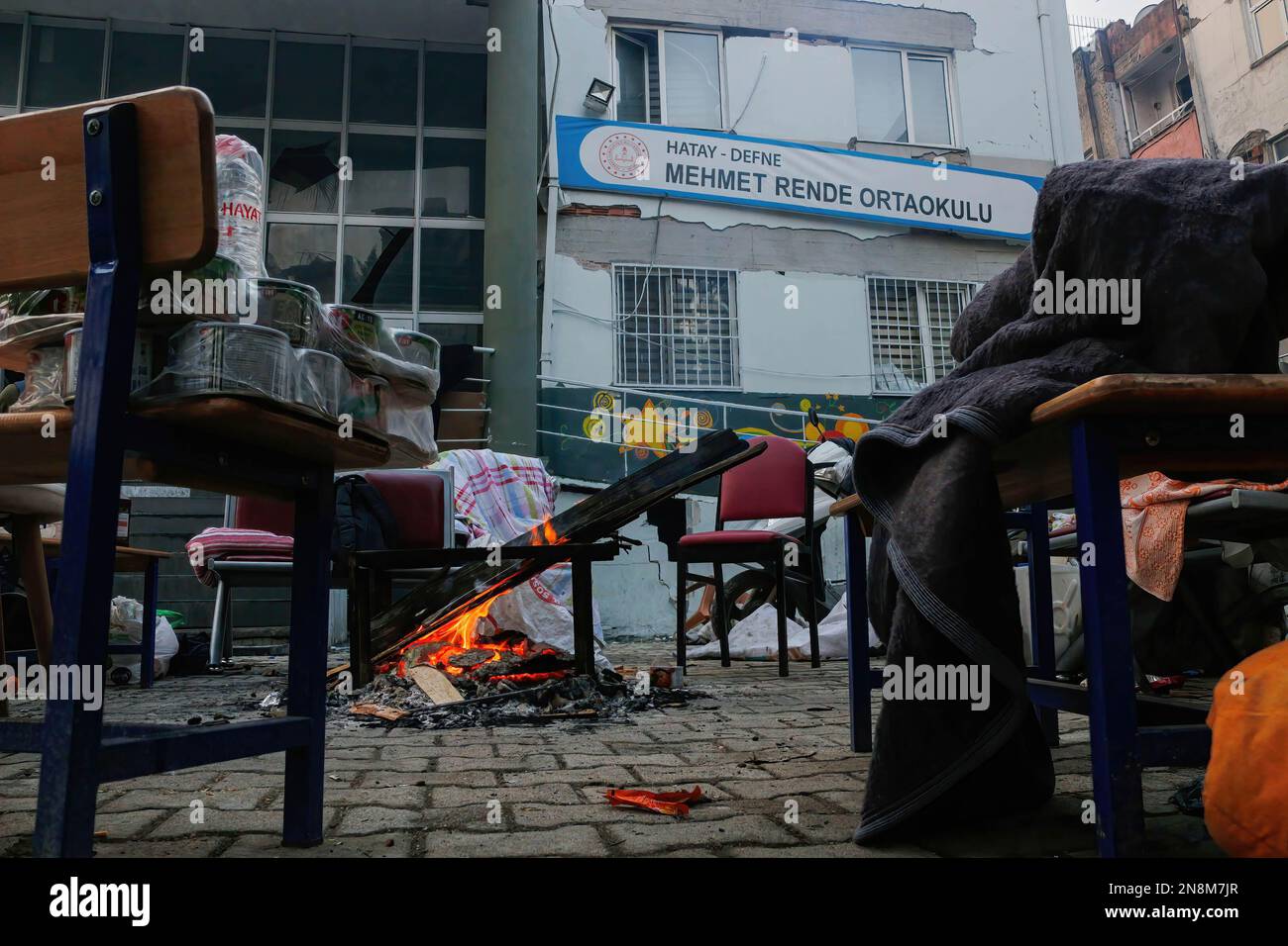 Hatay, Turkey. 08th Feb, 2023. Fire was lit at the garden of the school ...