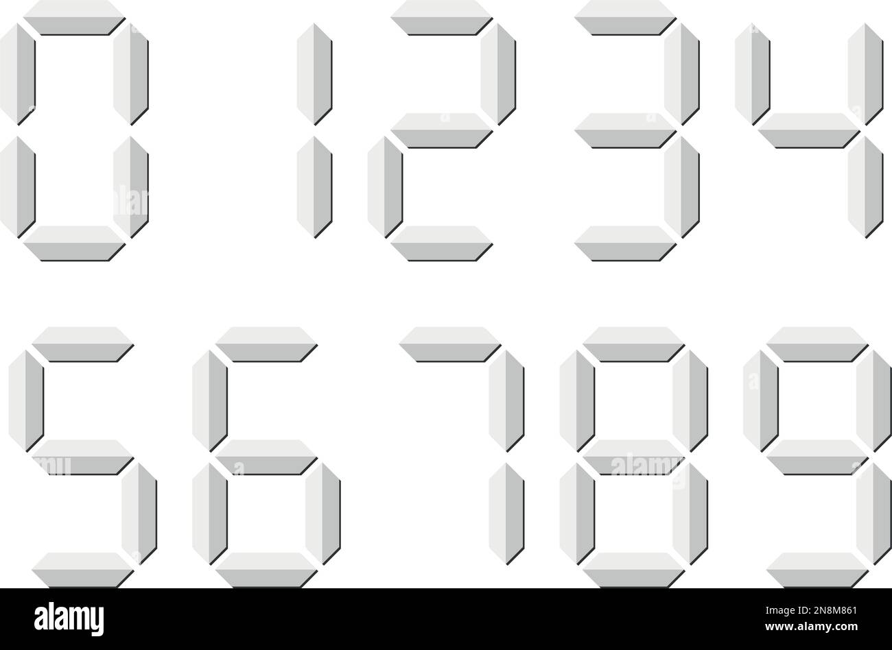 Grey 3D-like digital numbers. Seven-segment display is used in calculators, digital clocks or ...