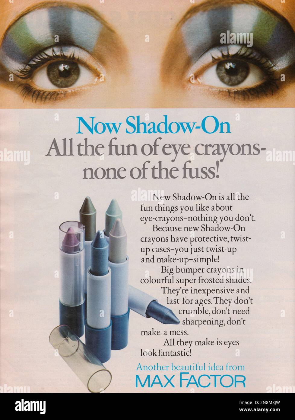 Max Factor shadow-on advertisement, Max Factor eye crayons ...