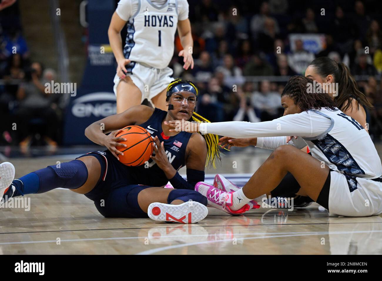 UConn forward Aaliyah Edwards, front left, grabs the ball from ...
