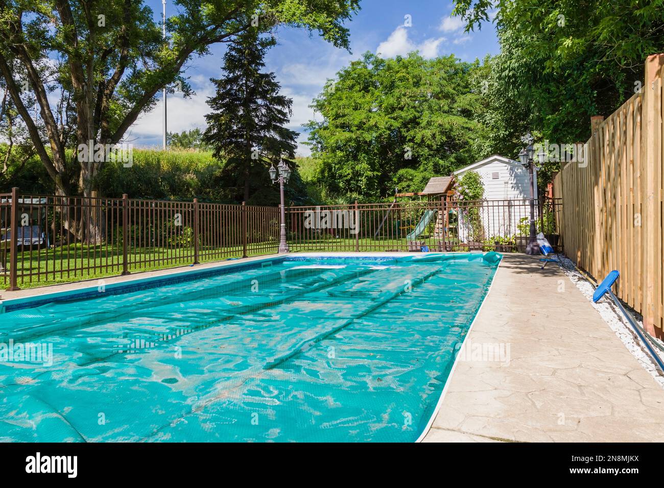 In-ground rectangular swimming pool with protective green vinyl leaf ...