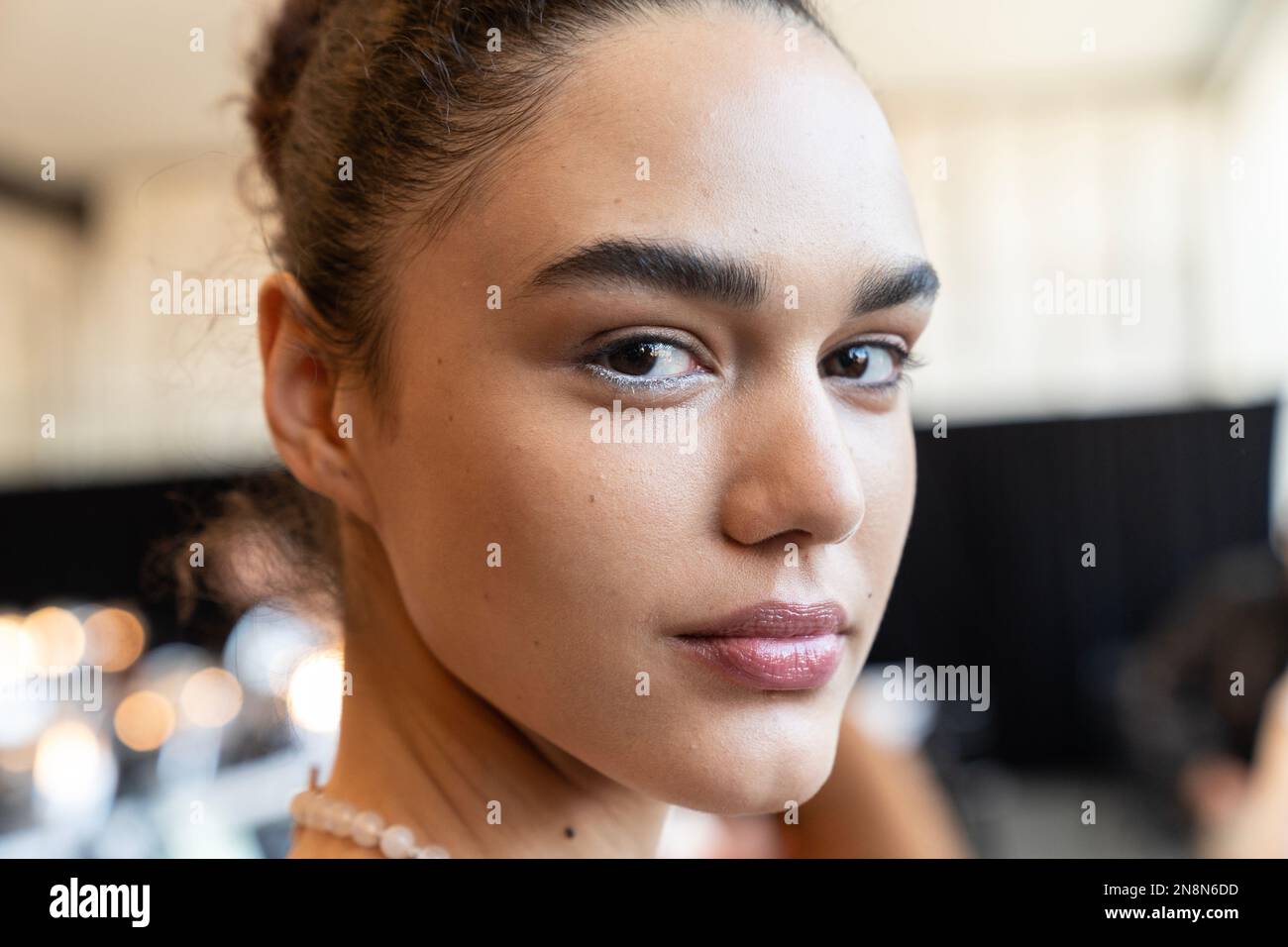 Model prepares backstage for Son Jung Wan show during New York Fashion Week Fall/Winter 2023 at ...