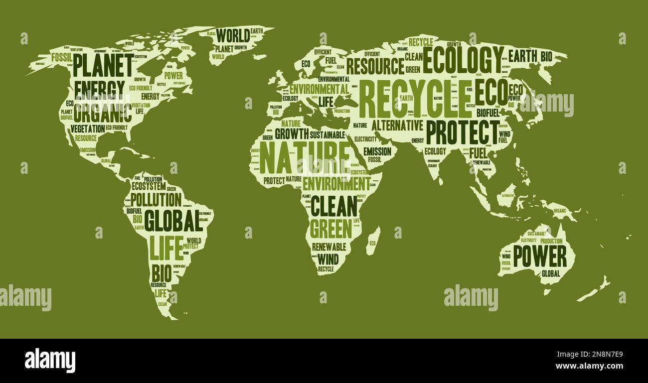 Word cloud in a shape of world map, eco theme, vector illustration ...