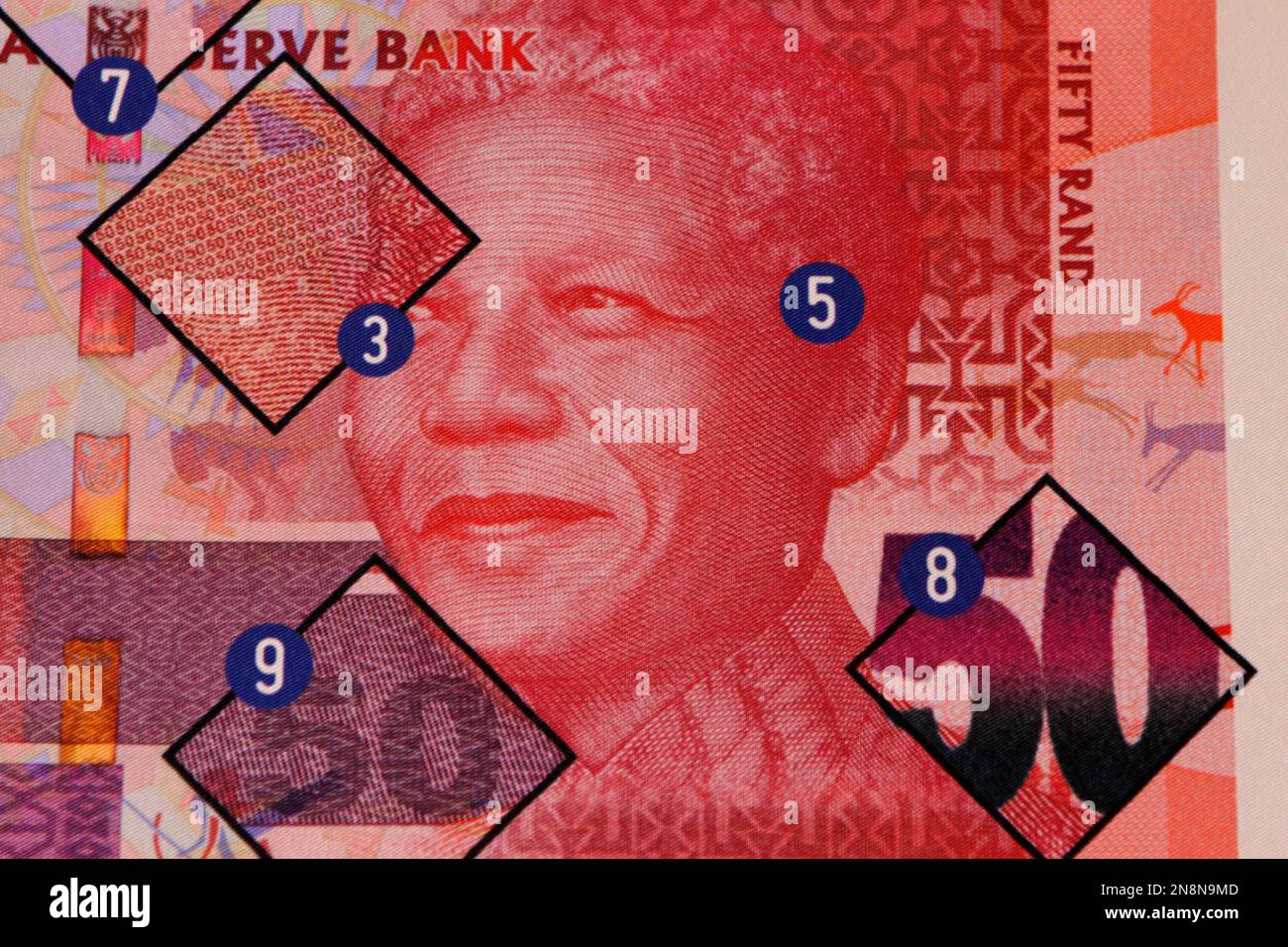 A poster showing safety features of a bank note bearing the image of ...