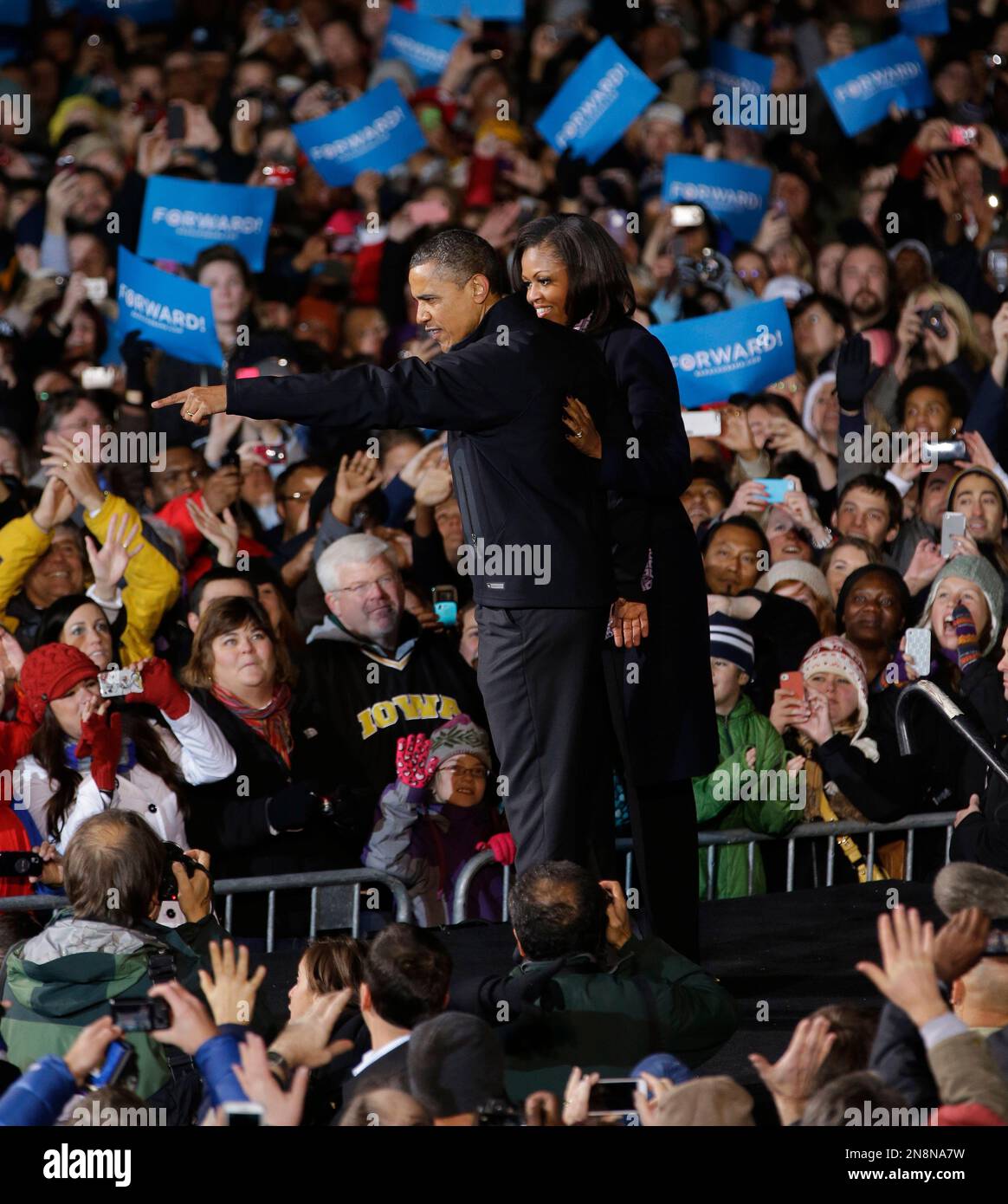 President Barack Obama and first lady Michelle Obama on stage during ...