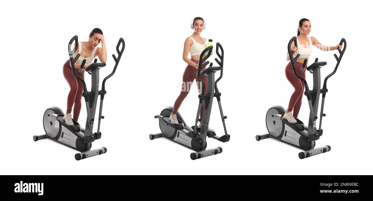 Woman using modern elliptical machine on white background, collage ...