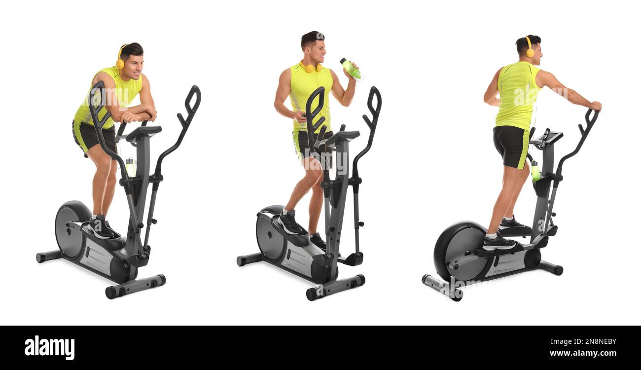 Man using modern elliptical machine on white background, collage ...