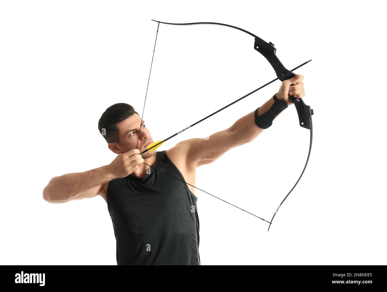 Man with bow and arrow practicing archery on white background Stock ...