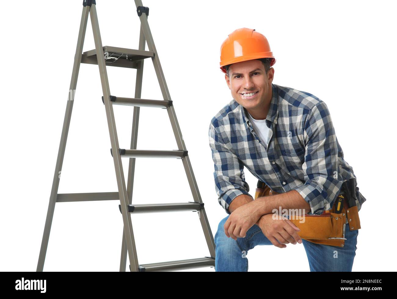 Professional builder near metal ladder on white background Stock Photo ...