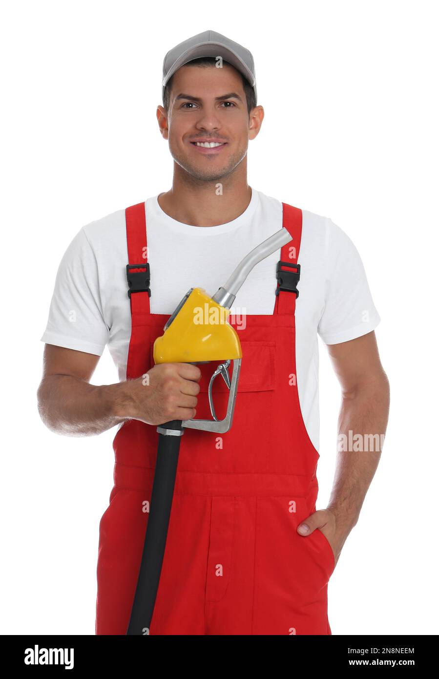 Gas station worker with fuel nozzle on white background Stock Photo - Alamy