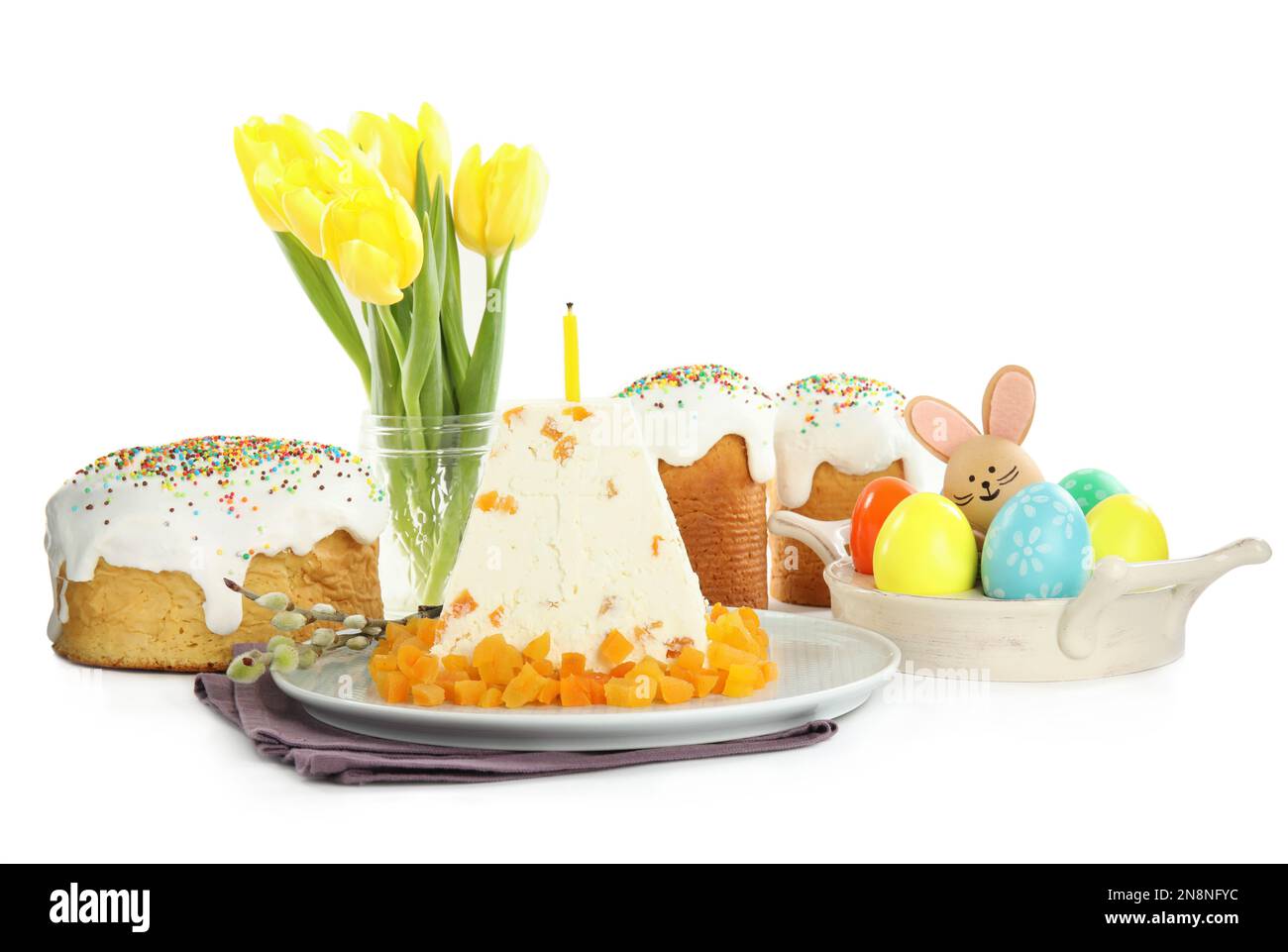 Composition with traditional cottage cheese Easter paskha on white ...