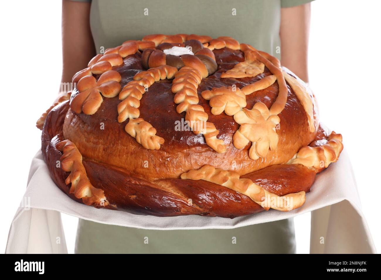 Woman with korovai on white background, closeup. Ukrainian bread and ...