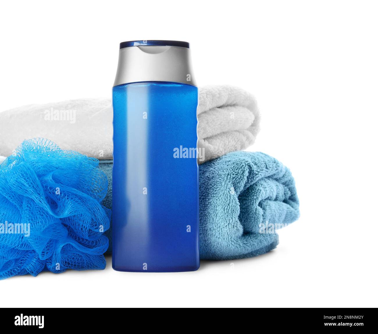 Personal hygiene product with towels and shower puff on white ...