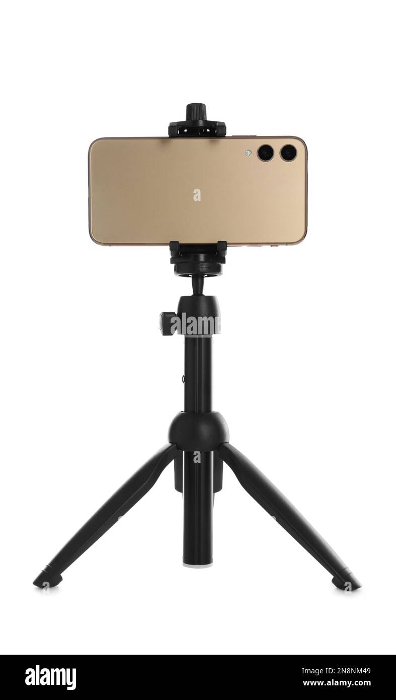 Smartphone fixed to tripod on white background Stock Photo - Alamy